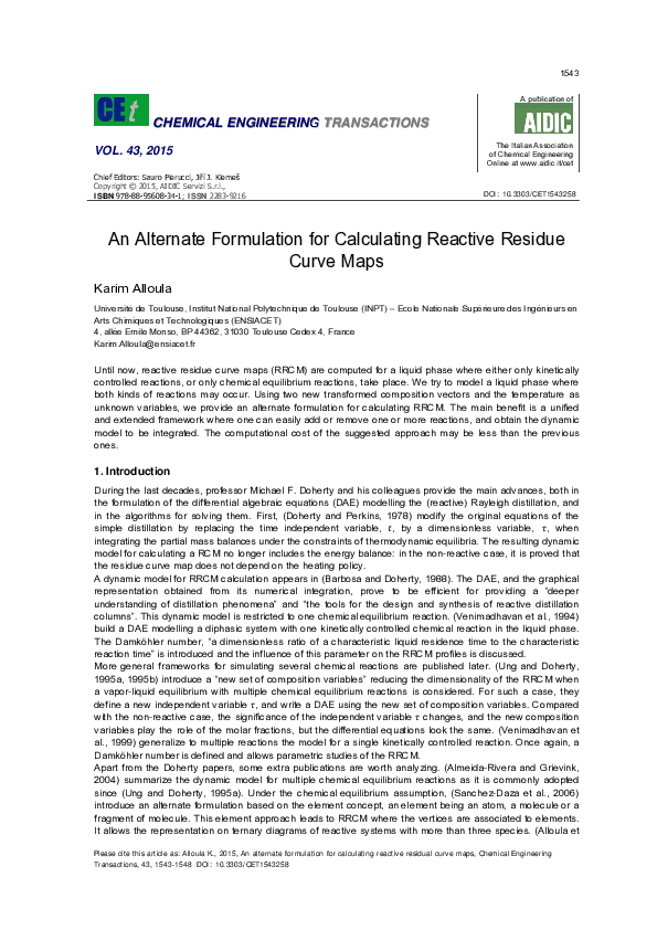 (PDF) An Alternate Formulation for Calculating Reactive Residue Curve Maps