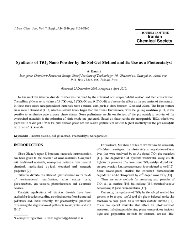 Pdf Synthesis Of Tio2 Nano Powder By The Sol Gel Method And Its Use As A Photocatalyst