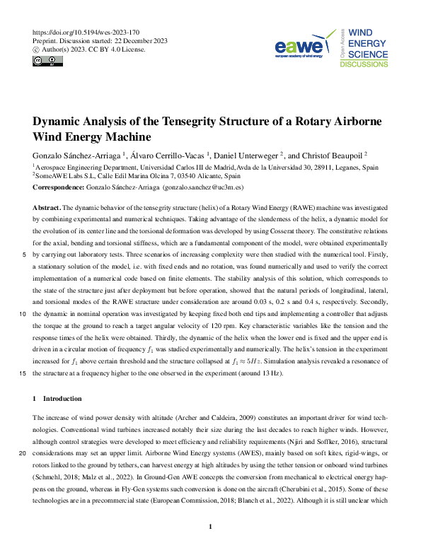 (PDF) Dynamic Analysis of the Tensegrity Structure of a Rotary Airborne Wind Energy Machine