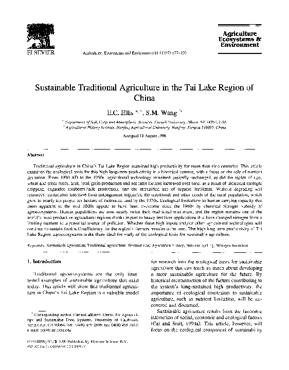 (PDF) Sustainable Traditional Agriculture in the Tai Lake Region of China