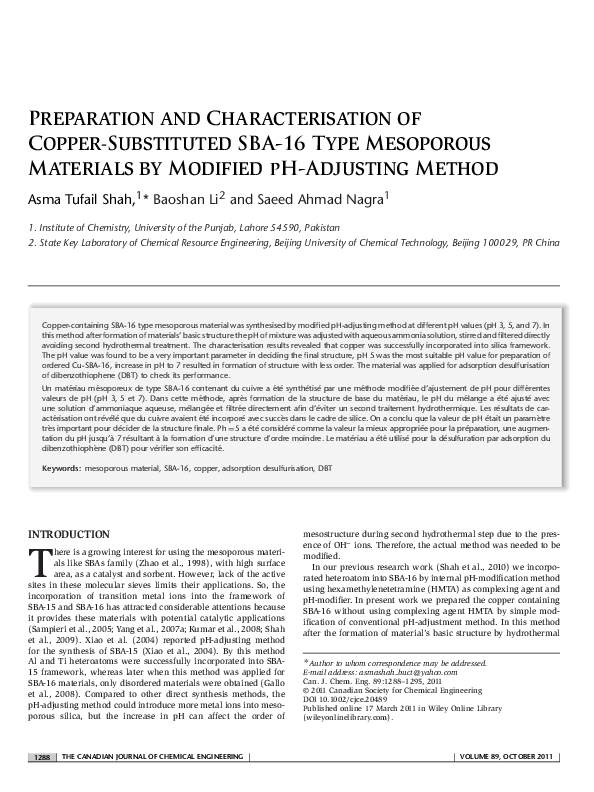(PDF) Preparation and characterisation of copper-substituted SBA-16 type mesoporous materials by ...