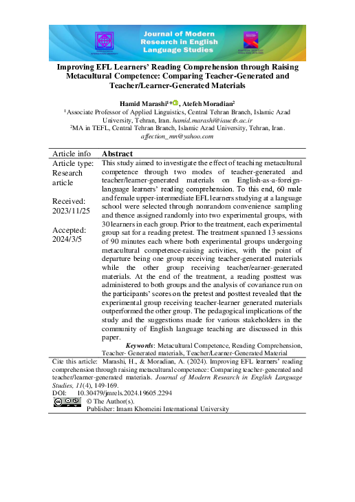 (PDF) Improving EFL Learners' Reading Comprehension through Raising Metacultural Competence ...