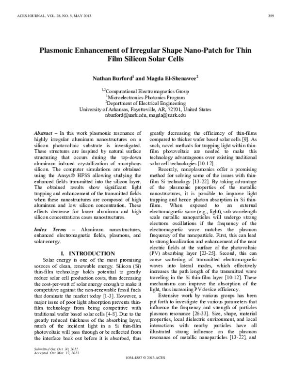 (PDF) Plasmonic Enhancement of Irregular Shape Nano-Patch for Thin Film ...