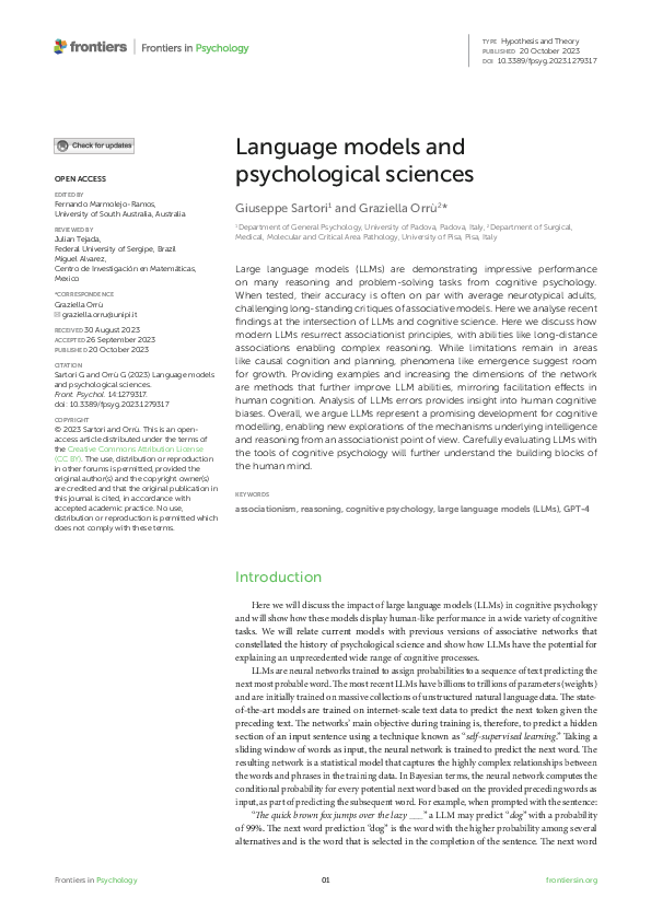 (PDF) Language models and psychological sciences