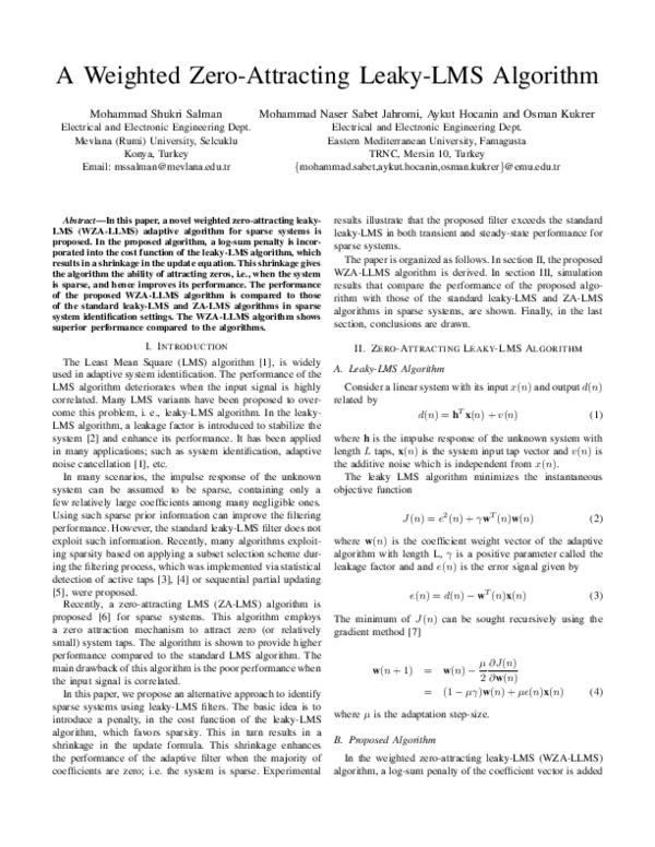 (PDF) A weighted zero-attracting leaky-LMS algorithm (PDF) A weighted zero-attracting leaky-LMS algorithm