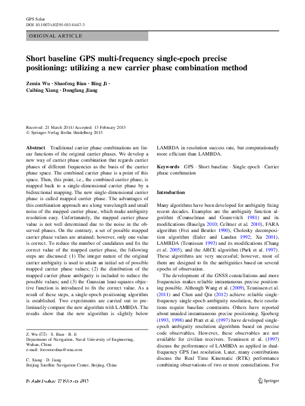 (PDF) Short baseline GPS multi-frequency single-epoch precise ...