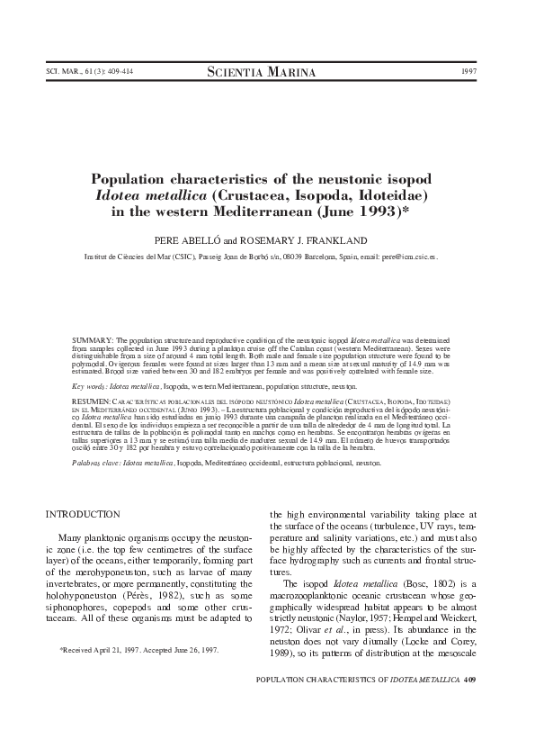 (PDF) Population characteristics of the neustonic isopod Idotea ...
