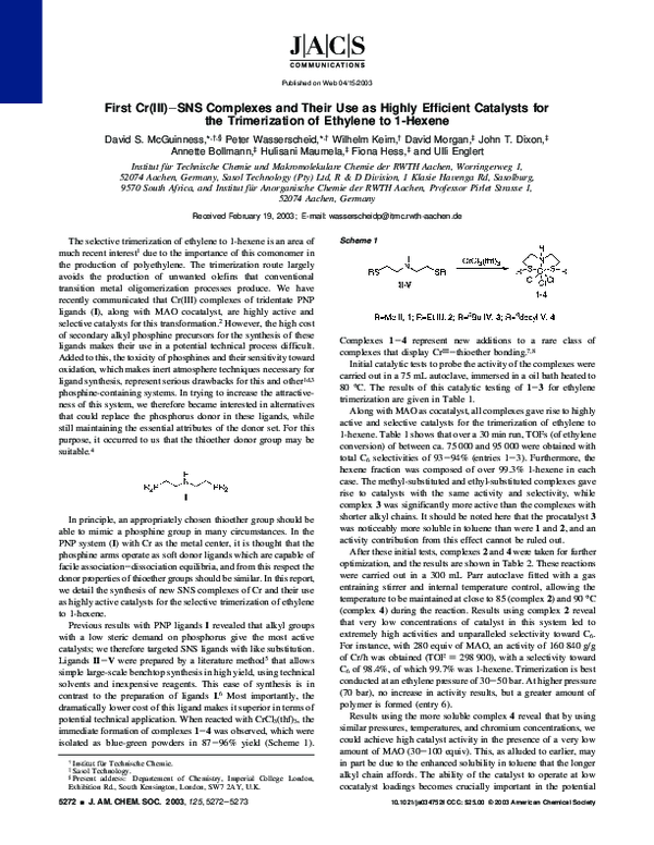 (PDF) First Cr(III)−SNS Complexes and Their Use as Highly Efficient ...