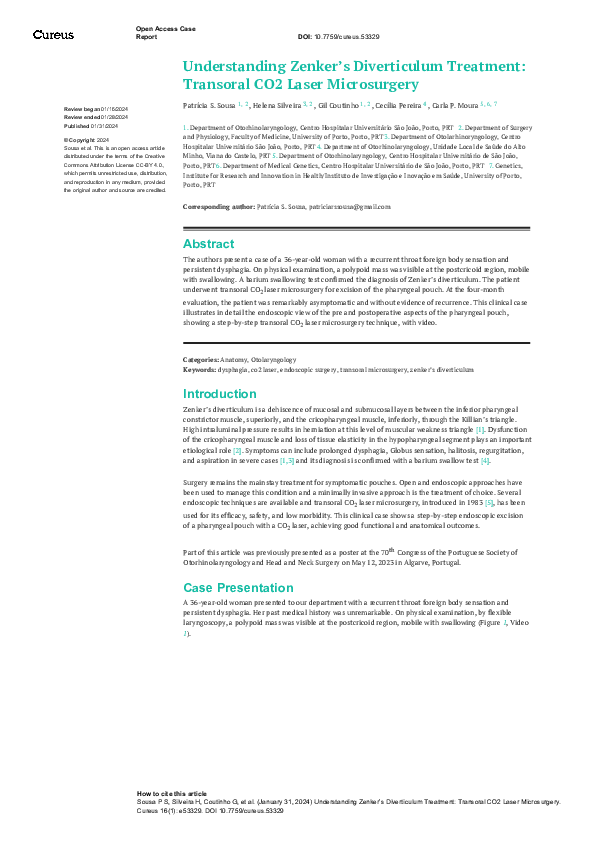 (PDF) Understanding Zenker’s Diverticulum Treatment: Transoral CO2 ...
