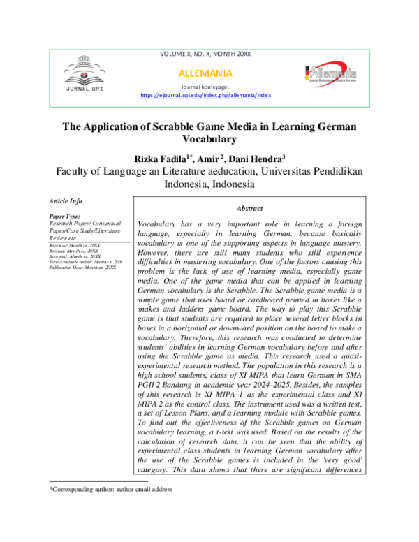 (PDF) The Application of Scrabble Game Media in Learning German Vocabulary