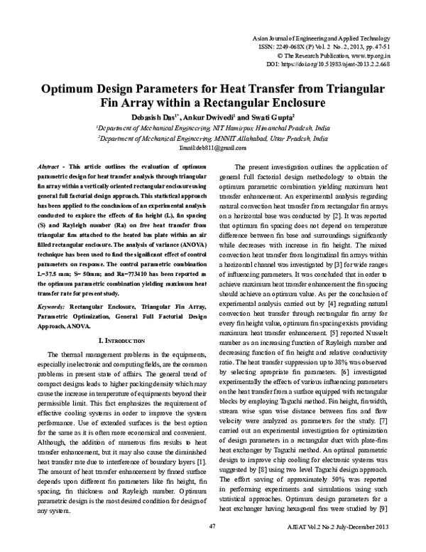 Pdf Optimum Design Parameters For Heat Transfer From Triangular Fin Array Within A Rectangular