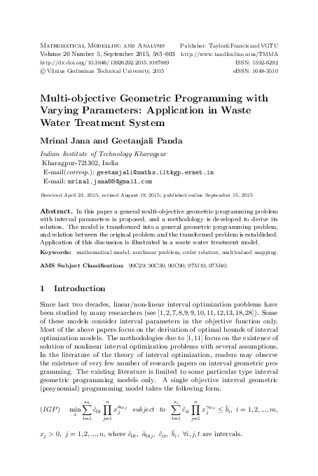 (PDF) Multi-Objective Geometric Programming with Varying Parameters: Application in Waste Water ...