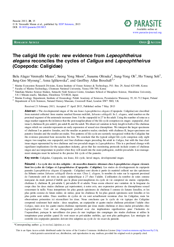 (PDF) The caligid life cycle: new evidence from Lepeophtheirus elegans ...