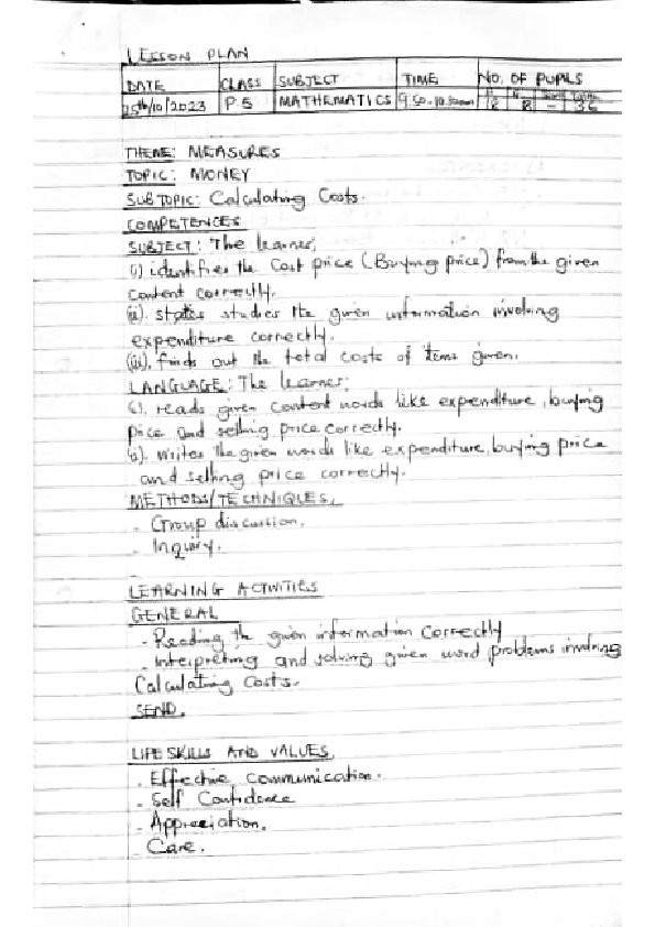 (PDF) Sample Math lesson plan