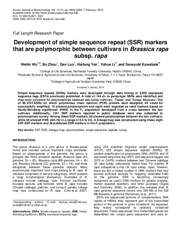 (PDF) Development of simple sequence repeat (SSR) markers that are polymorphic between cultivars ...