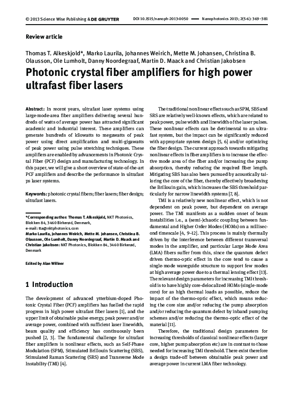 (PDF) Photonic crystal fiber amplifiers for high power ultrafast fiber lasers | Ole Lumholt ...