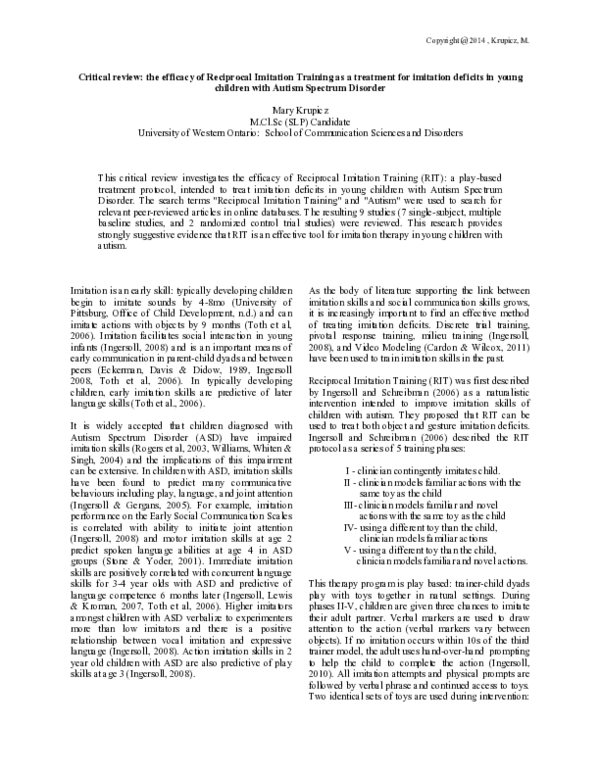 (PDF) Critical review: the efficacy of Reciprocal Imitation Training as ...