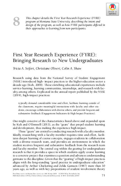 (PDF) First Year Research Experience (FYRE): Bringing Research to New ...