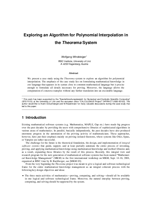 (PDF) Exploring an Algorithm for Polynomial Interpolation in the Theorema System