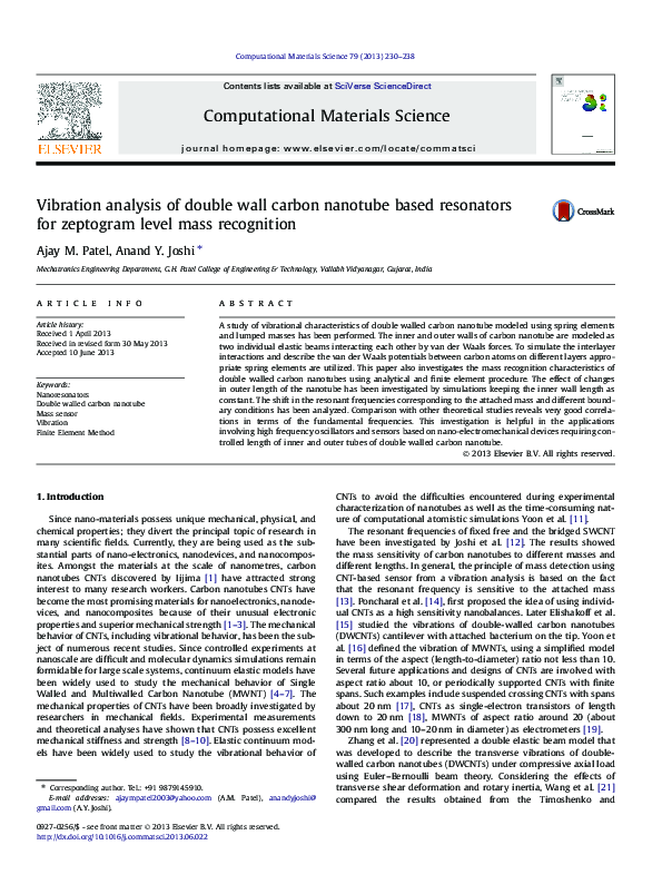 (PDF) Vibration analysis of double wall carbon nanotube based resonators for zeptogram level ...