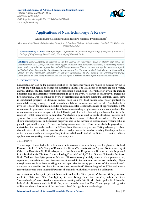 (PDF) Applications of Nanotechnology: A Review
