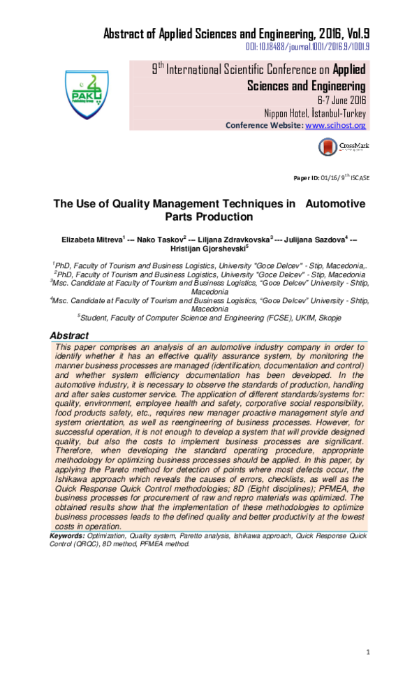 (PDF) The Use of Quality Management Techniques in Automotive Parts ...