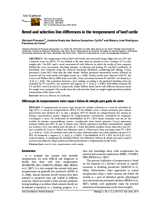 (PDF) Breed and selection line differences in the temperament of beef cattle