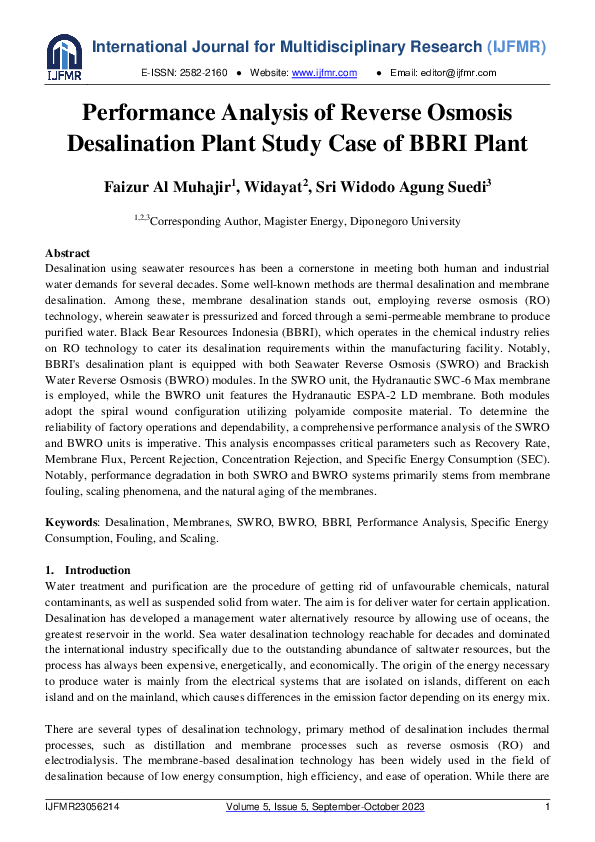 (PDF) Performance Analysis of Reverse Osmosis Desalination Plant, Study Case of BBRI Plant