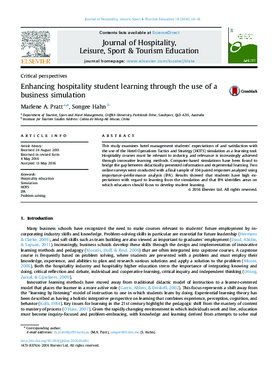 (PDF) Enhancing hospitality student learning through the use of a ...