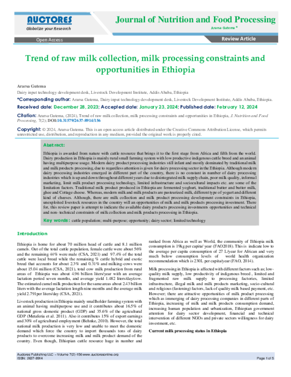 (PDF) Trend of raw milk collection, milk processing constraints and opportunities in Ethiopia