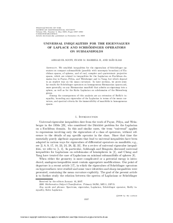 (PDF) Universal inequalities for the eigenvalues of Laplace and Schrödinger operators on ...
