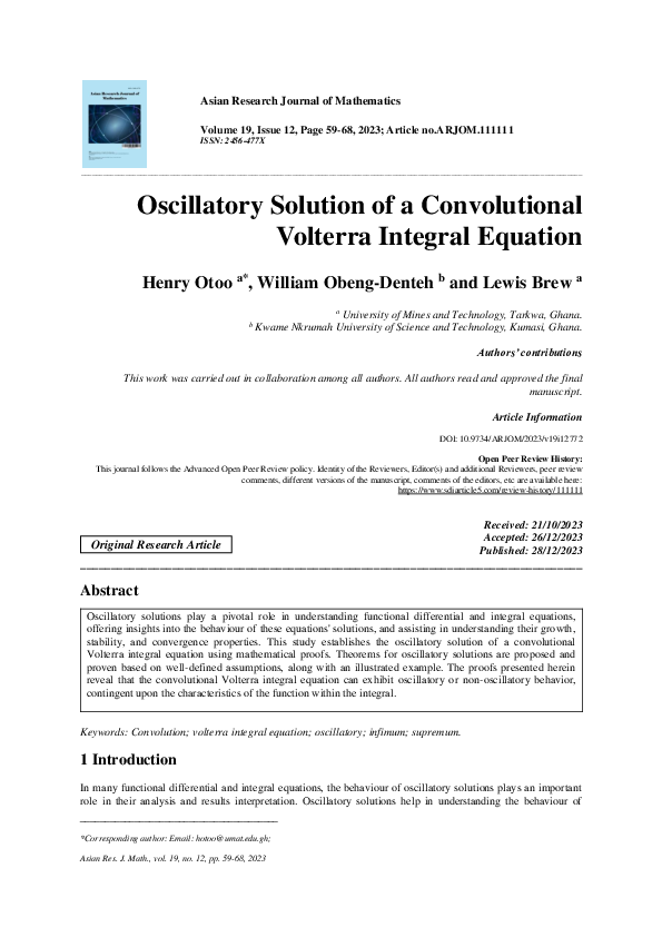 (PDF) Oscillatory Solution of a Convolutional Volterra Integral Equation