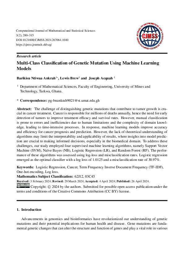 (PDF) Multi-Class Classification of Genetic Mutation Using Machine Learning Models