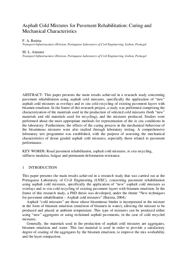 (PDF) Asphalt Cold Mixtures for Pavement Rehabilitation: Curing and ...
