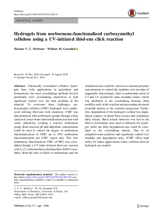(PDF) Hydrogels from norbornene-functionalized carboxymethyl cellulose using a UV-initiated ...