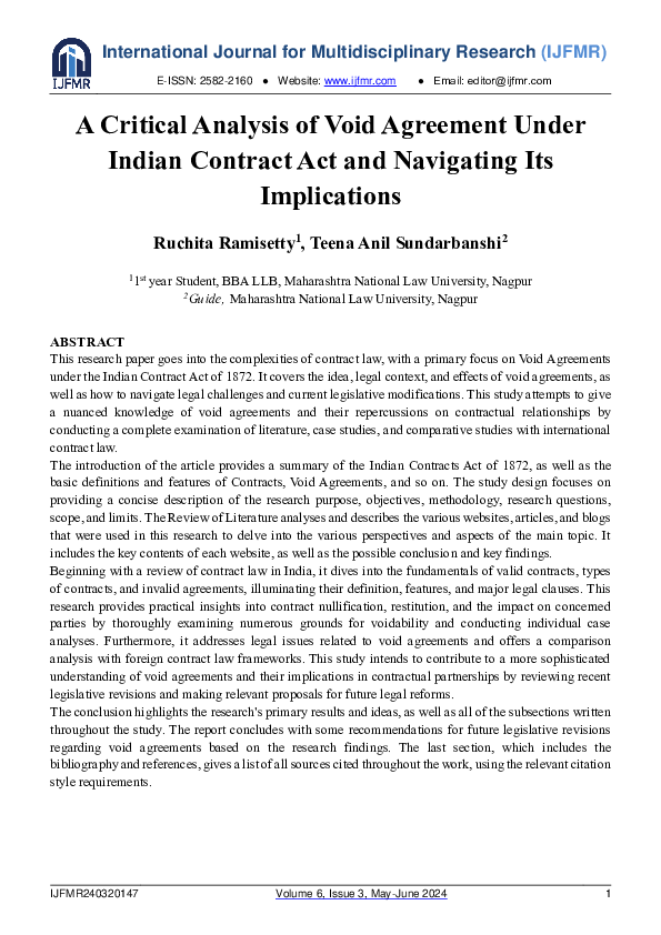 (PDF) A Critical Analysis of Void Agreement Under Indian Contract Act and Navigating Its ...