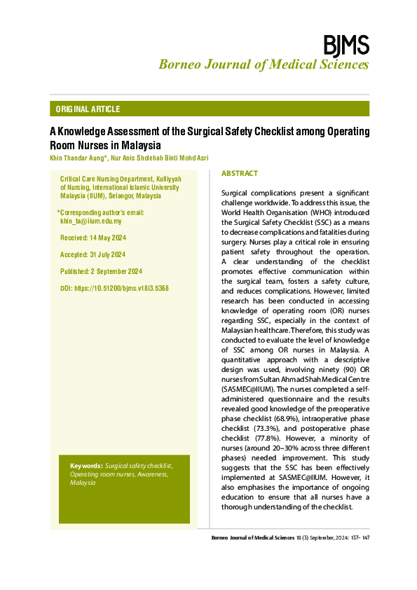 (PDF) A Knowledge Assessment of the Surgical Safety Checklist among ...