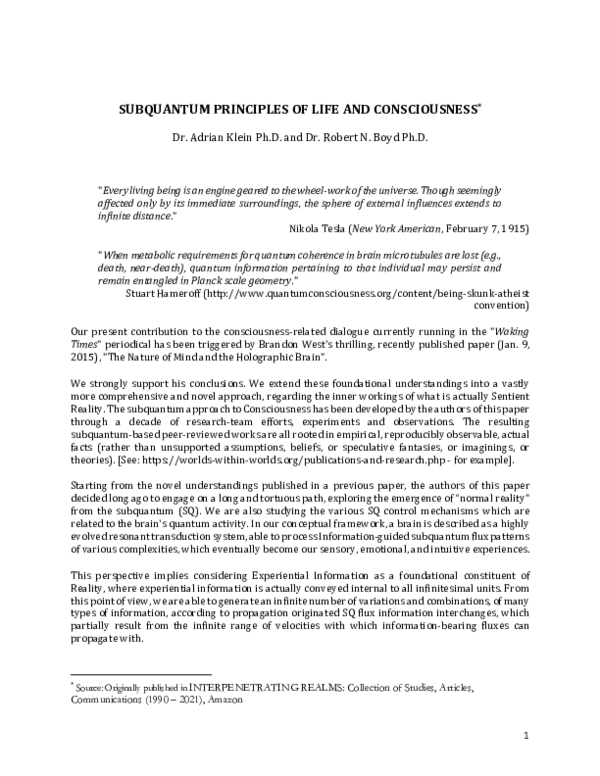 (PDF) SUBQUANTUM PRINCIPLES OF LIFE AND CONSCIOUSNESS