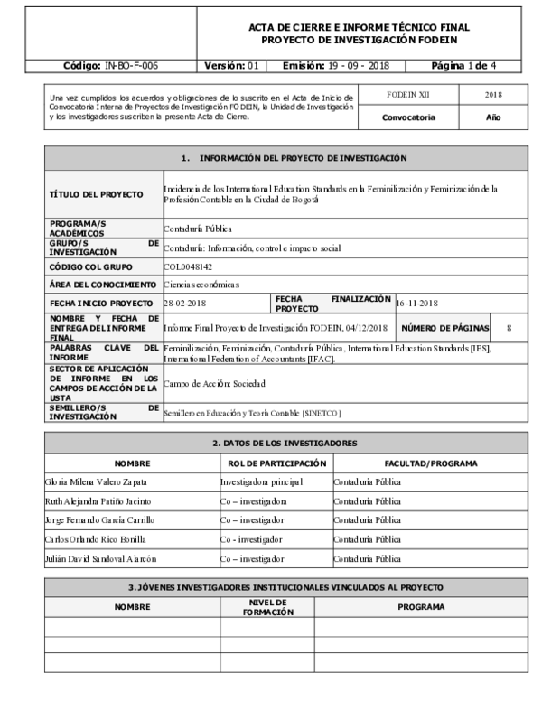 (PDF) Acta de cierre e informe técnico final proyecto de investigación FODEIN. Incidencia de los ...