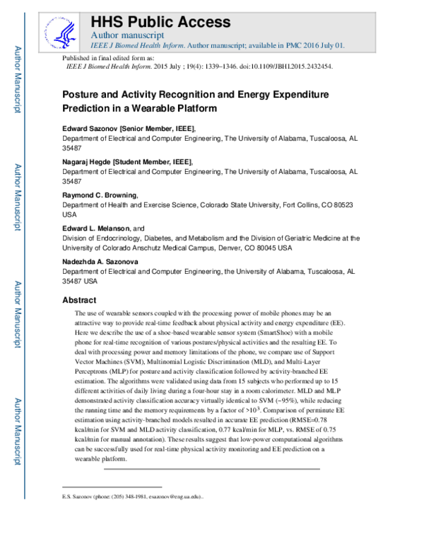 Pdf Posture And Activity Recognition And Energy Expenditure Estimation In A Wearable Platform