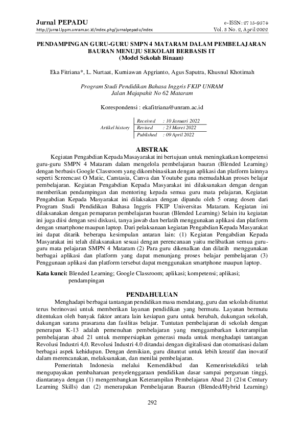 (PDF) PENDAMPINGAN GURU-GURU SMPN 4 MATARAM DALAM PEMBELAJARAN BAURAN MENUJU SEKOLAH BERBASIS IT ...