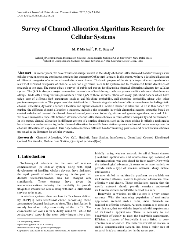 (PDF) Survey of Channel Allocation Algorithms Research for Cellular Systems