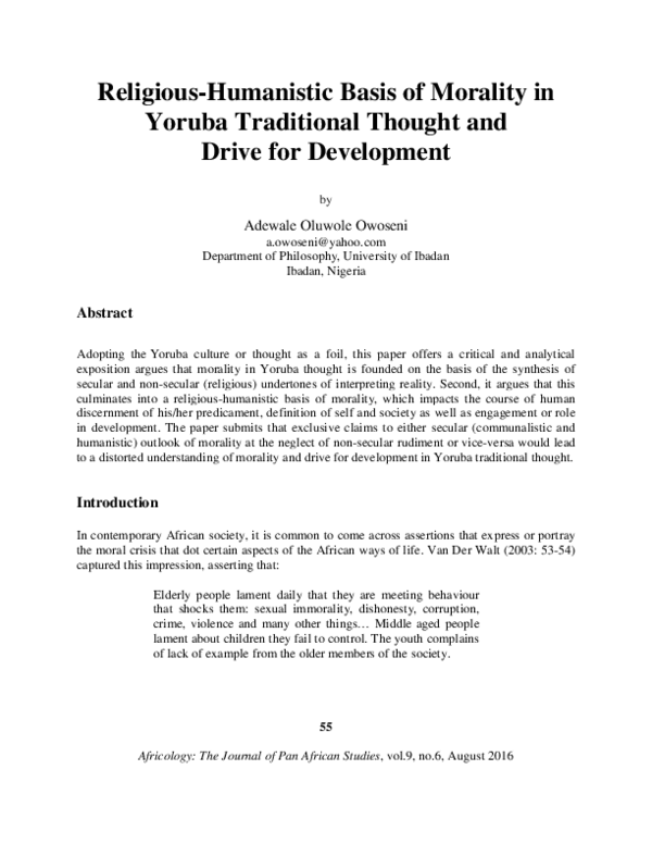 (PDF) Religious-Humanistic Basis of Morality in Yoruba Traditional ...