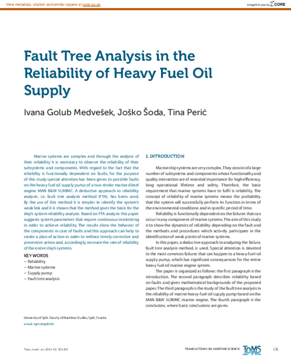 (PDF) Fault Tree Analysis in the Reliability of Heavy Fuel Oil Supply