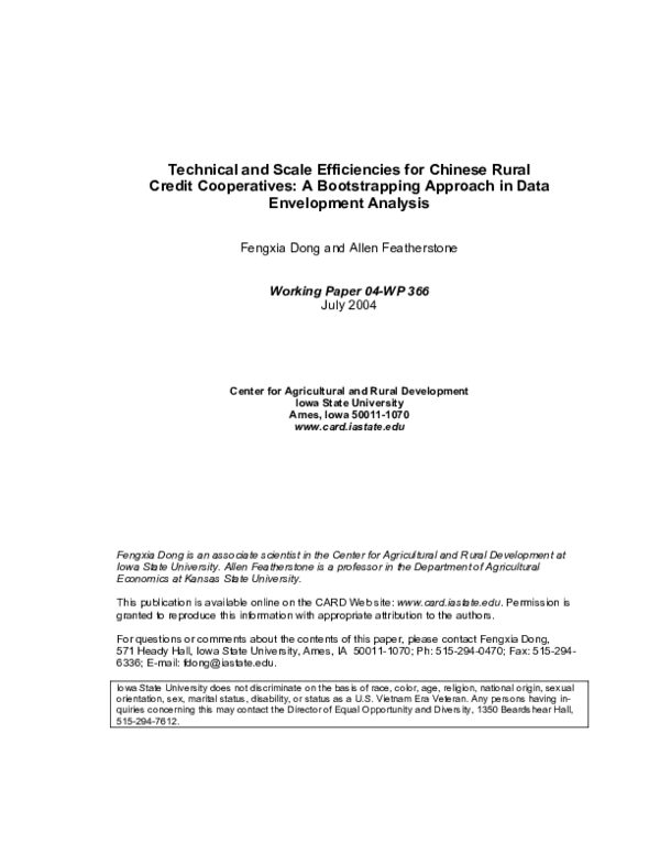 (PDF) Technical and Scale Efficiencies for Chinese Rural Credit ...