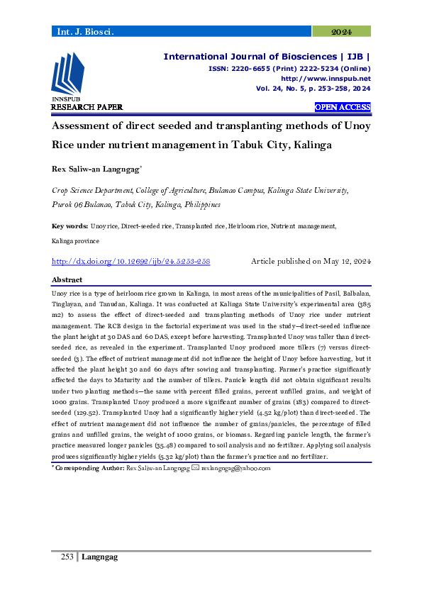 (PDF) Assessment of direct seeded and transplanting methods of Unoy ...