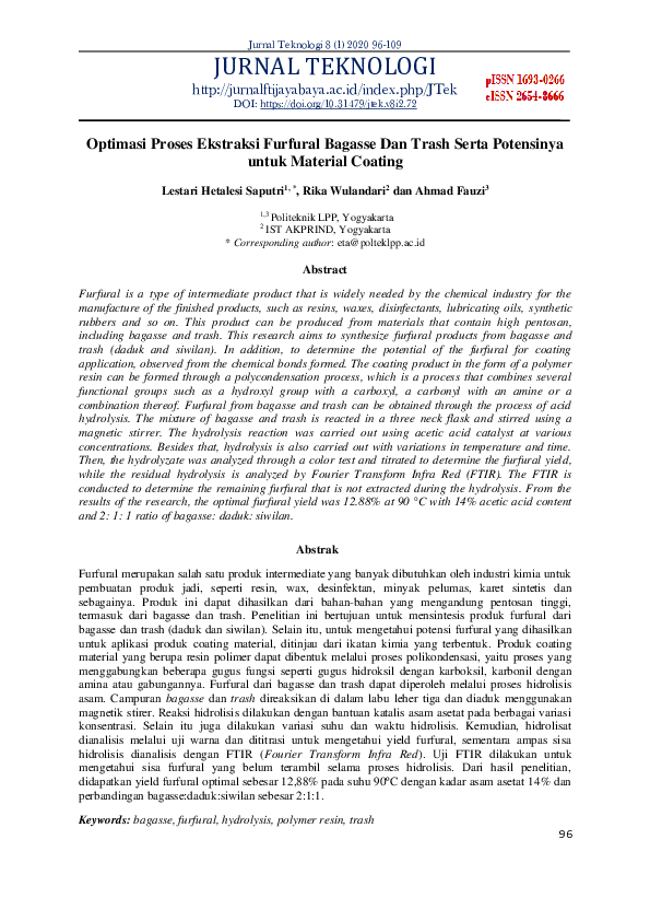 (PDF) Optimasi Proses Ekstraksi Furfural Bagasse Dan Trash Serta Potensinya untuk Material Coating