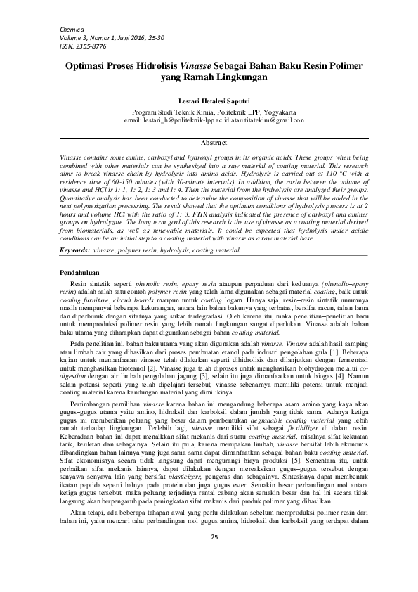 (PDF) Optimasi Proses Hidrolisis Vinasse Sebagai Bahan Baku Resin Polimer yang Ramah Lingkungan