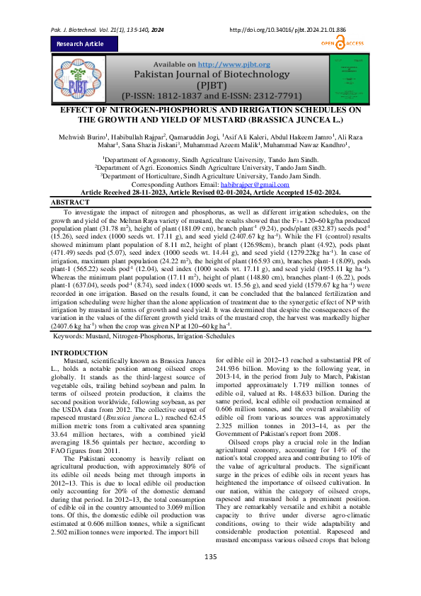 (PDF) Effect of Nitrogen-Phosphorus and Irrigation Schedules on the Growth and Yield of Mustard ...