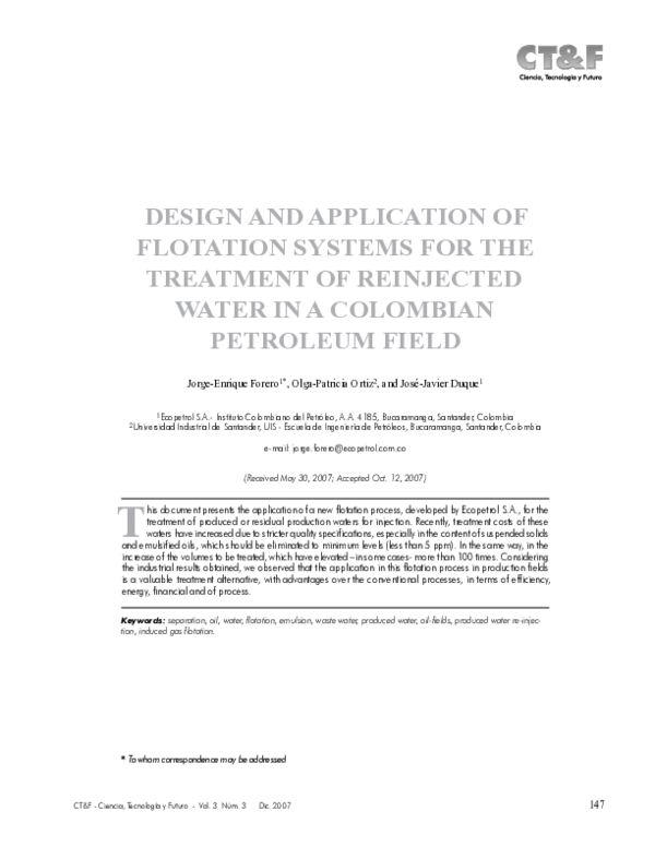 (PDF) Design and Application of Flotation Systems for the Treatment of Reinjected Water in a ...